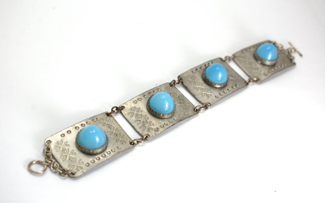 Vintage Lise Tin Paneled Link Bracelet Glass Cabochon - Etsy