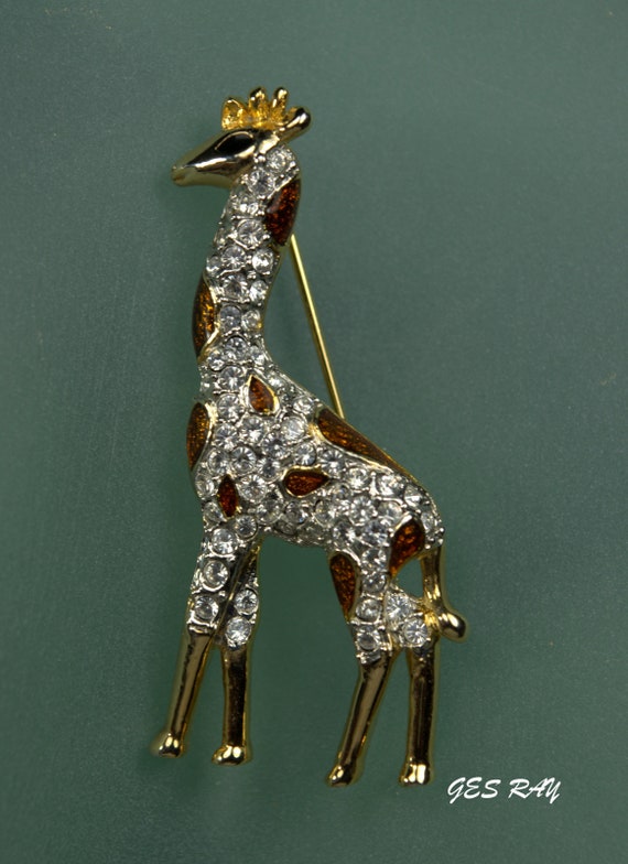 Gold Giraffe Brooch Pin Crystals Black Enamel - Gem