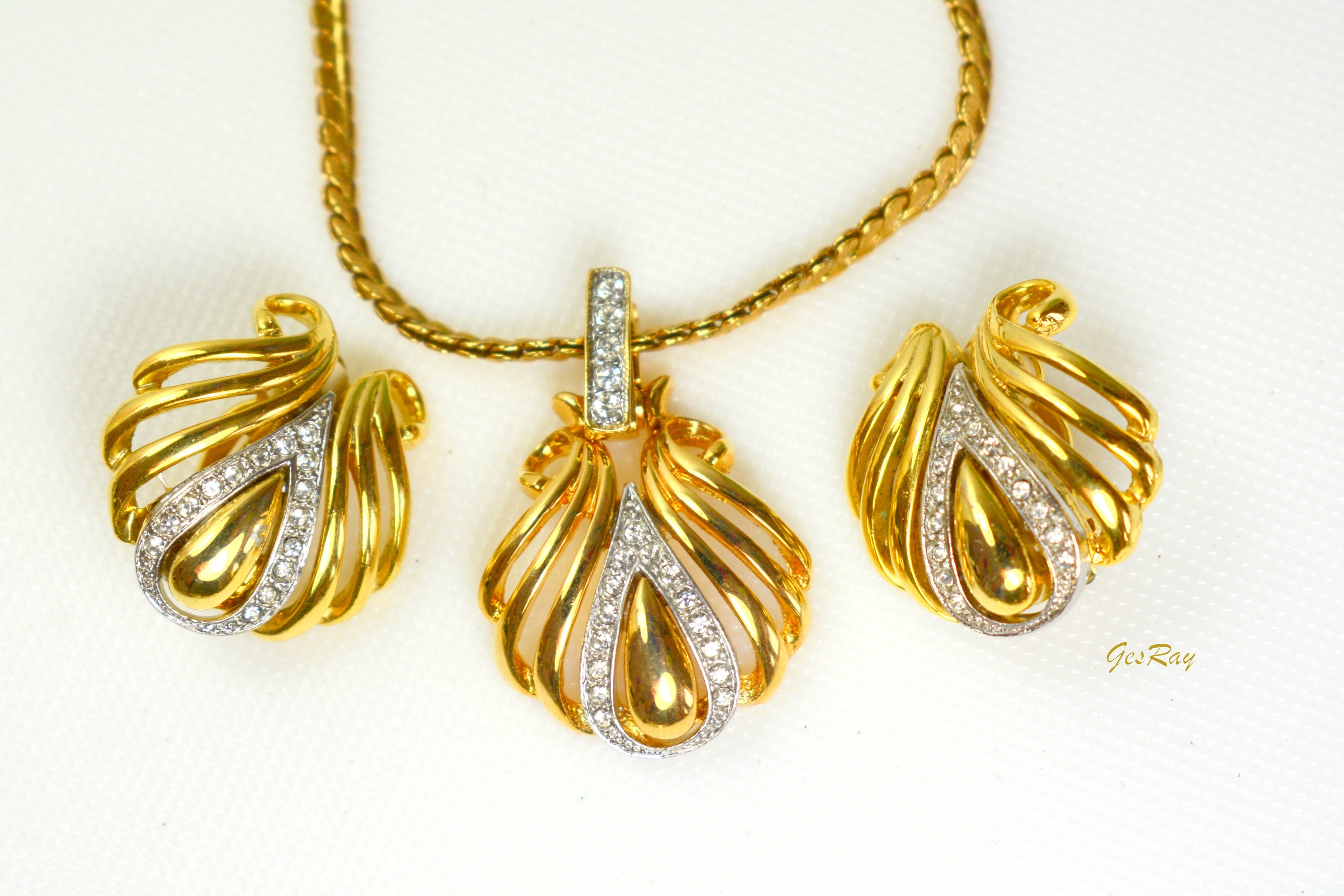 MCM Necklace and Earrings Gold Plated Pave Crystal, Bridal Vintage ...