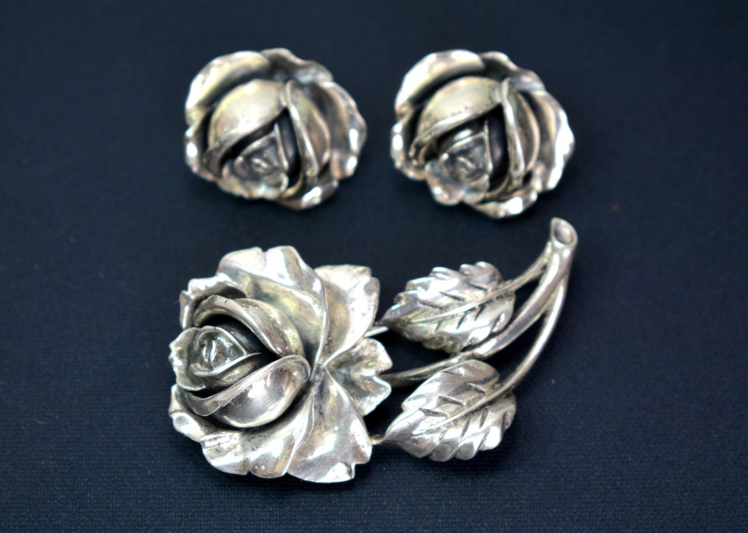 Art Nouveau Sterling Pat Pend Jewelry Rose Brooch Pin and Earrings ...