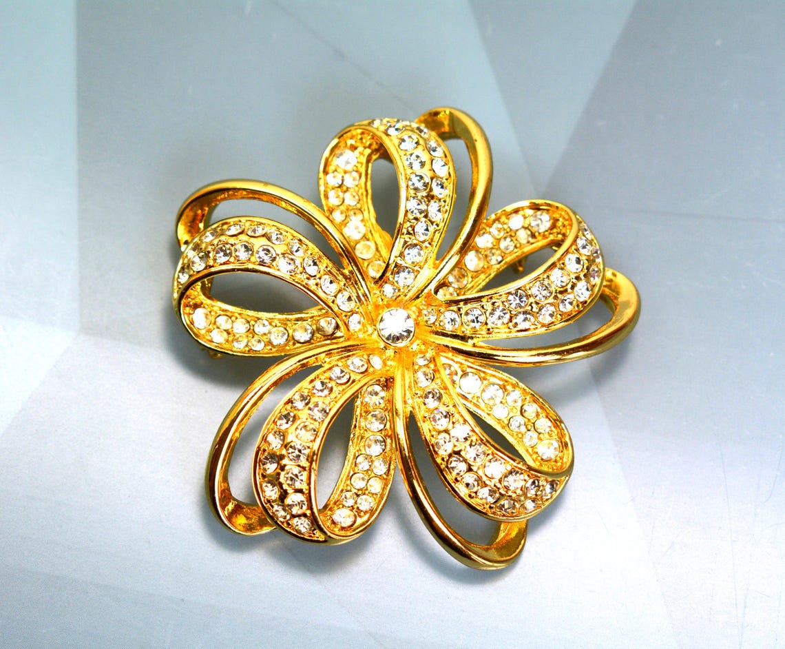 Monet Ribbon Bow Brooch Pin Gold Tone Rhinestones - Etsy