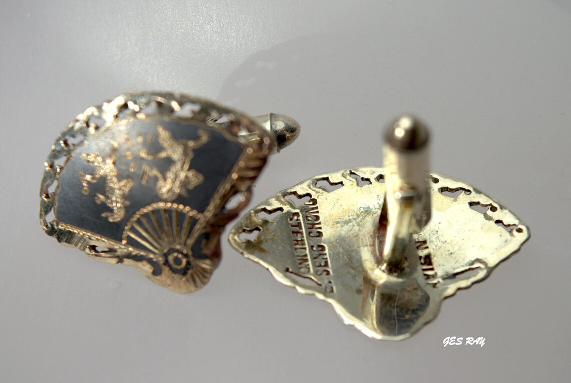 SIAM Fan Dancers Niello Signed E Seng Chong Sterling Silver CUFFLINKS ...