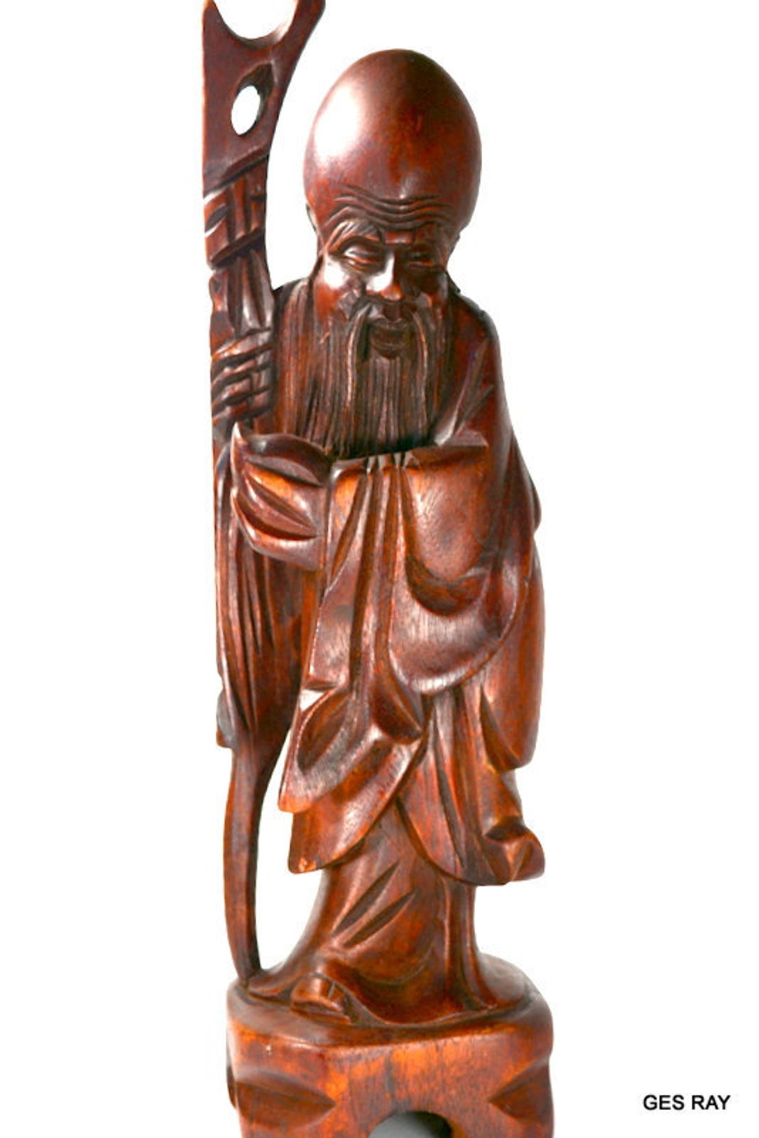 Hand Carved Wooden Vintage Chinese Wise Man With Walking Stick Shou Lao ...