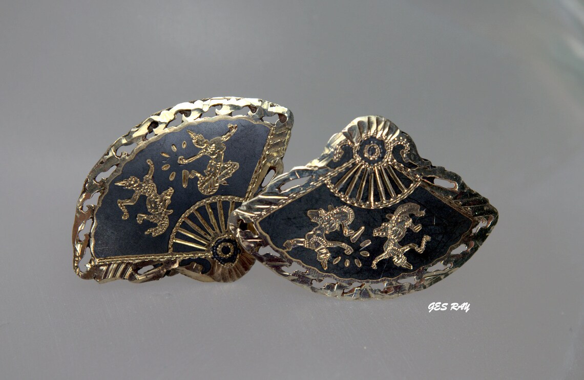 SIAM Fan Dancers Niello Signed E Seng Chong Sterling Silver CUFFLINKS ...
