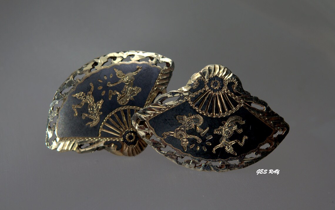 SIAM Fan Dancers Niello Signed E Seng Chong Sterling Silver CUFFLINKS ...