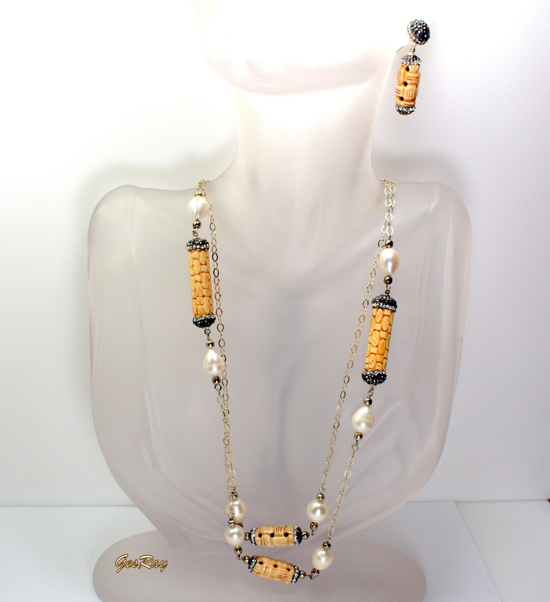 Chinese Carved 925 Sterling Silver Pearl Marcasite Jewelry Set Necklace ...