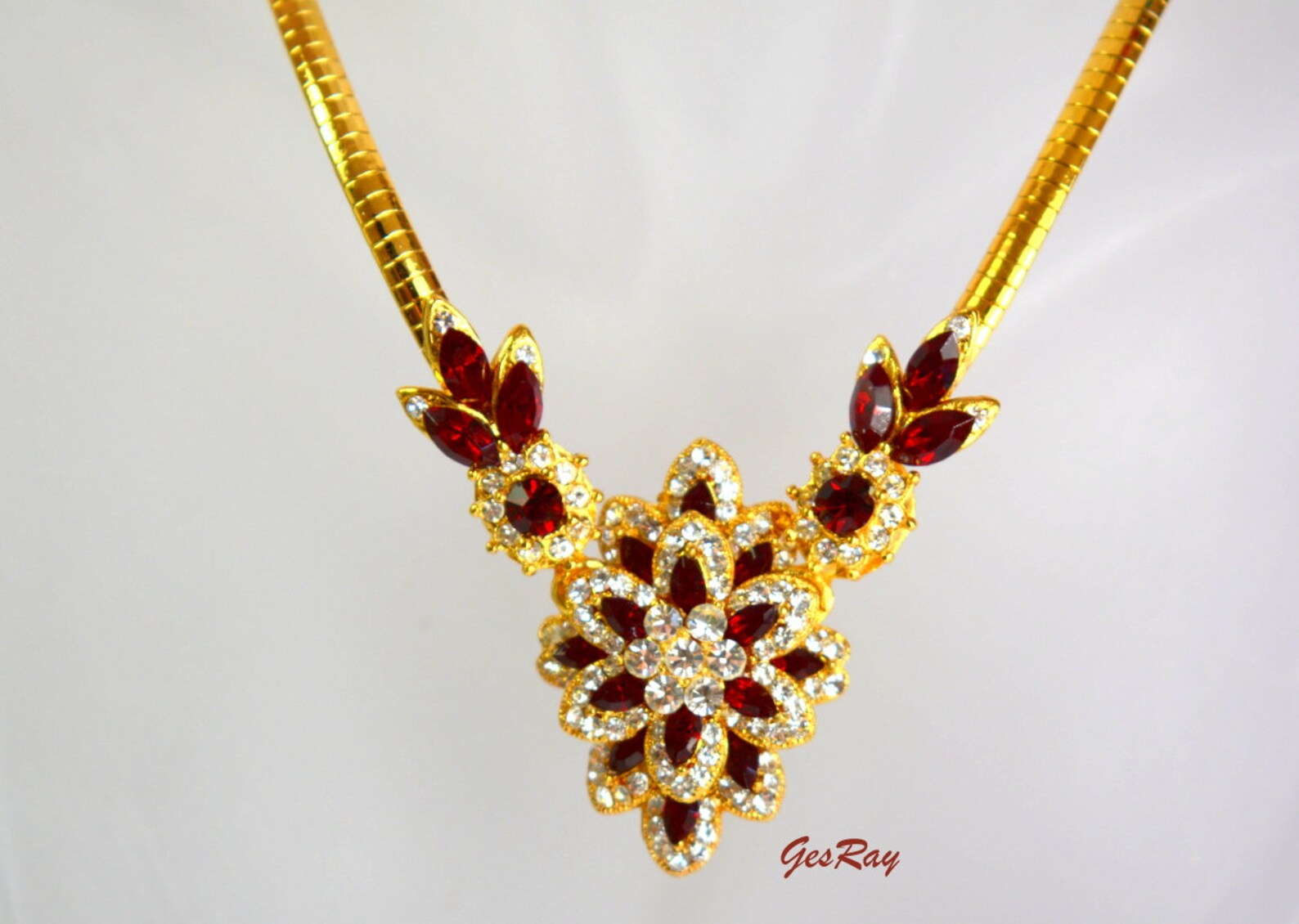 Ruby Red Crystal Statement Jewelry Set: Gold Plated Collar Necklace ...