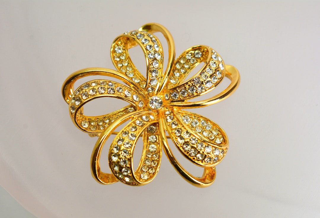 Monet Ribbon Bow Brooch Pin Gold Tone Brooch Rhinestones - Etsy