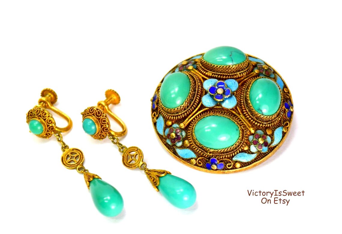 Antique Chinese Export Sterling Turquoise Brooch Filigree Ornament ...