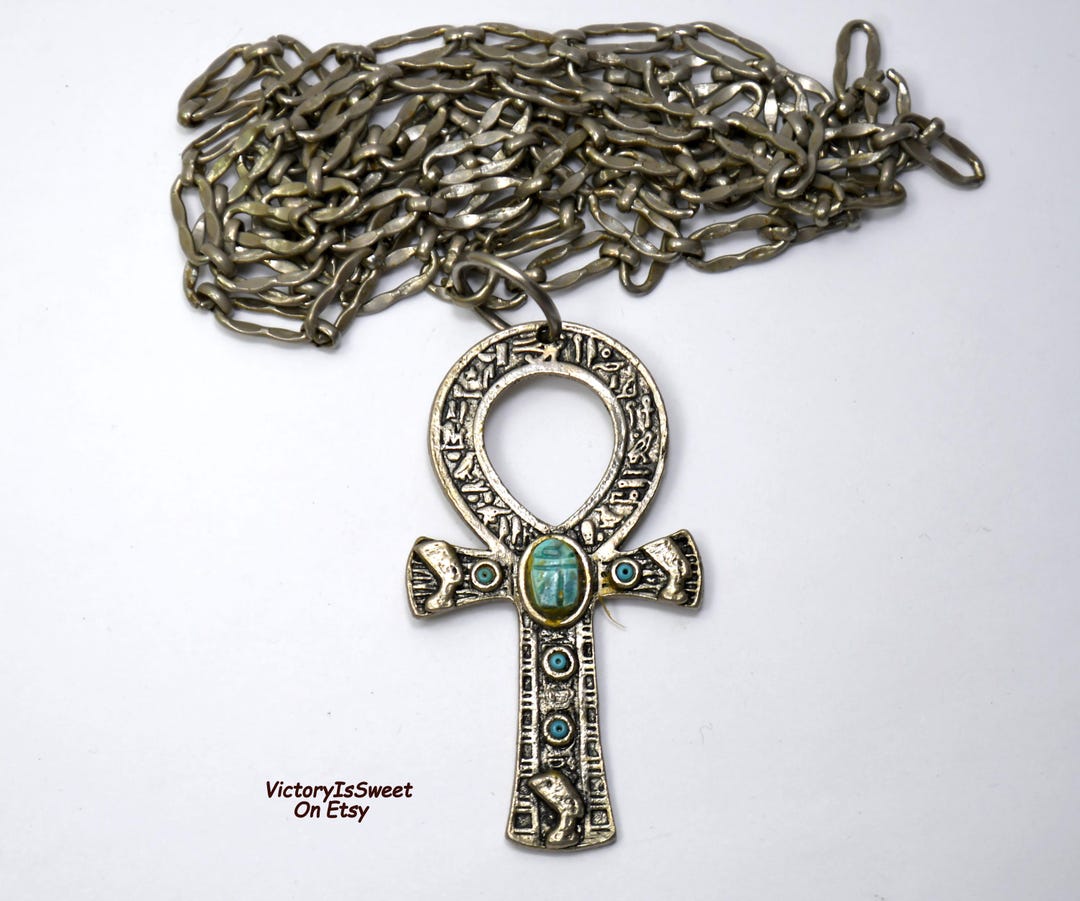 Vintage Egyptian Ankh Key of Life Pendant Necklace With Hieroglyphs - Etsy