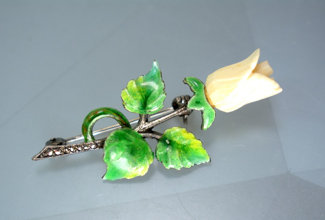 Antique Rose Brooch Pin Silver Enameled and Carved Flower, Art Deco ...