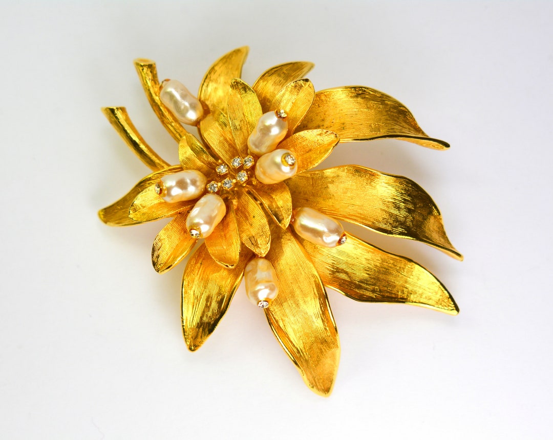 Vintage St John Flower Brooch: Gold Tone, Faux Baroque Pearl, Crystal ...