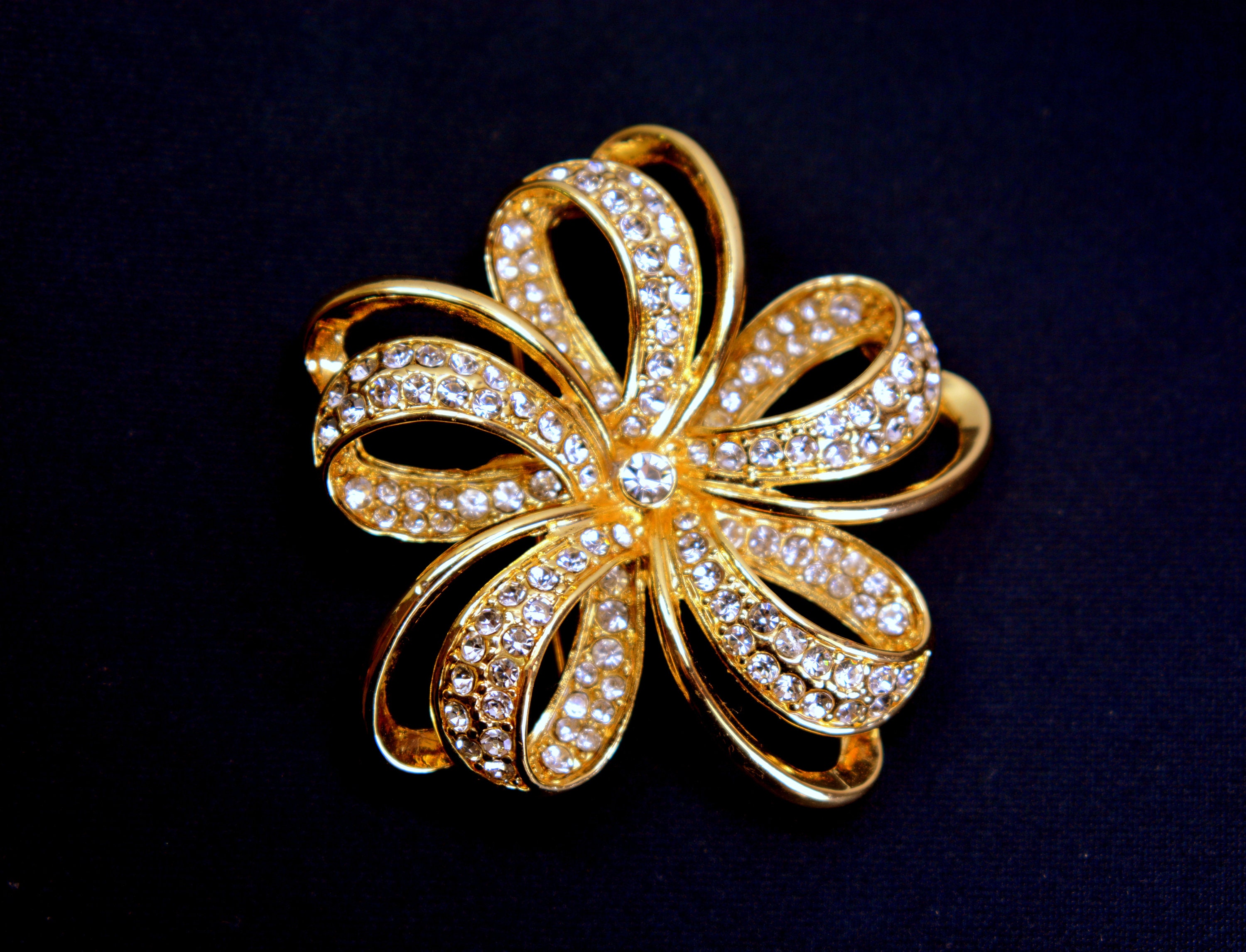 Monet Ribbon Bow Brooch Pin Gold Tone Rhinestones - Etsy