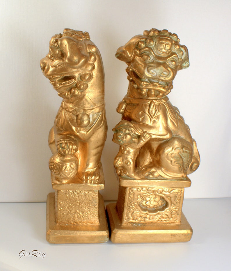2 Gold Foo Dog Bookends San Pacific Intl Chinese Imperial - Etsy