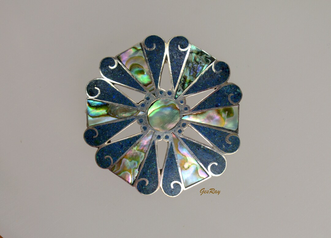 Abalone Shell Inlay Turquoise Brooch Pendant Mexican Silver Jewelry ...