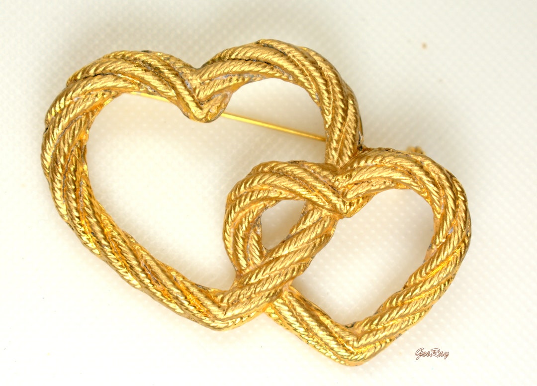 Vintage Gold Rope Knot Double Hearts Twisted Rope Hearts Brooch Pin ...