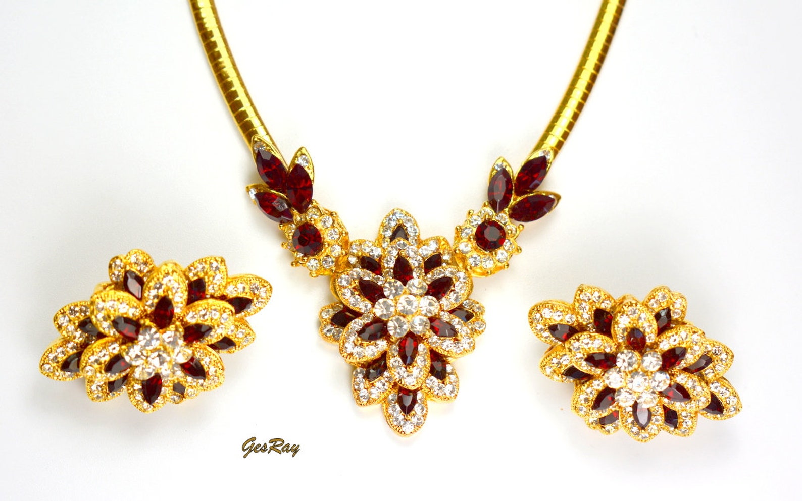 Ruby Red Crystal Statement Jewelry Set: Gold Plated Collar Necklace ...