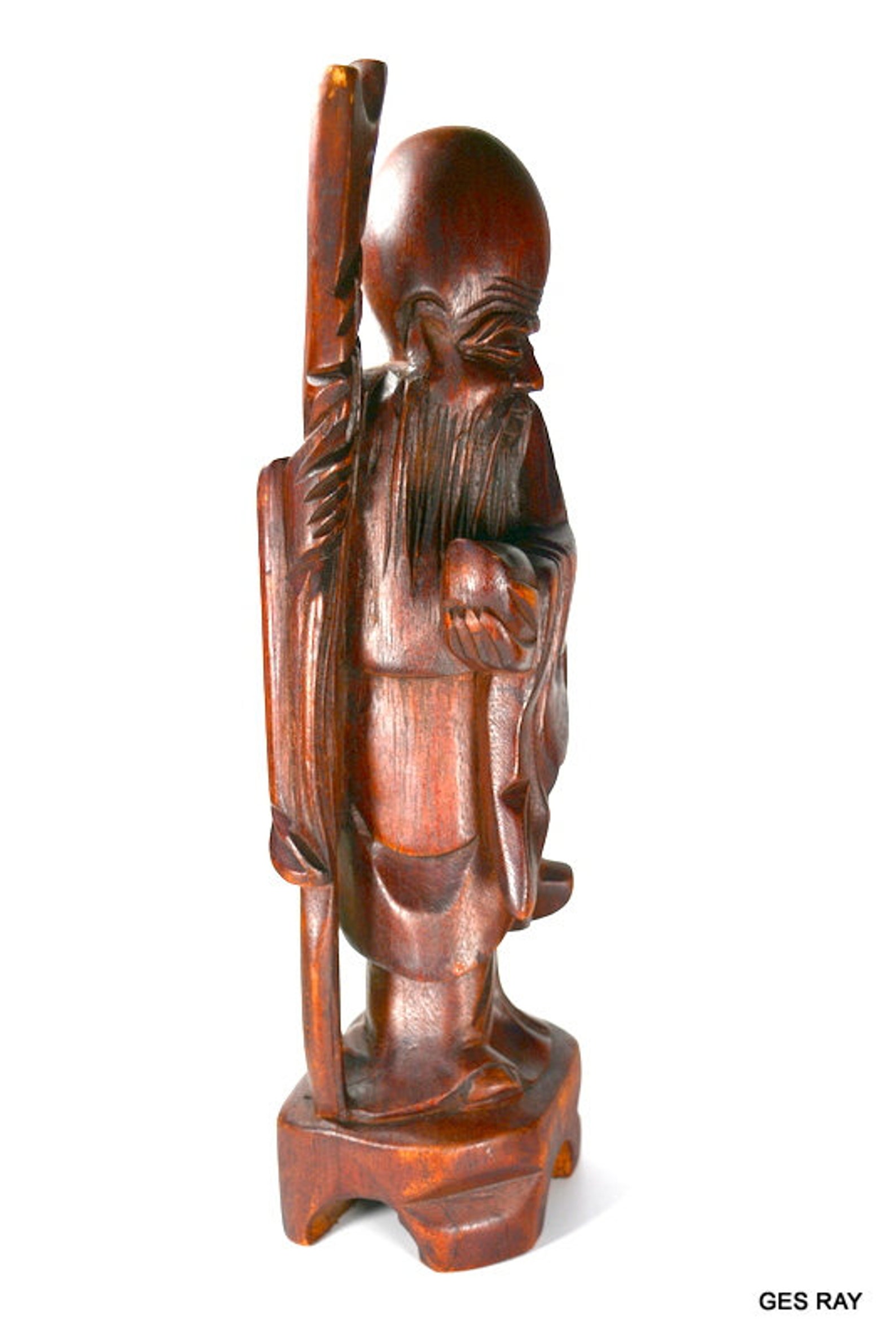 Hand Carved Wooden Vintage Chinese Wise Man With Walking Stick - Etsy