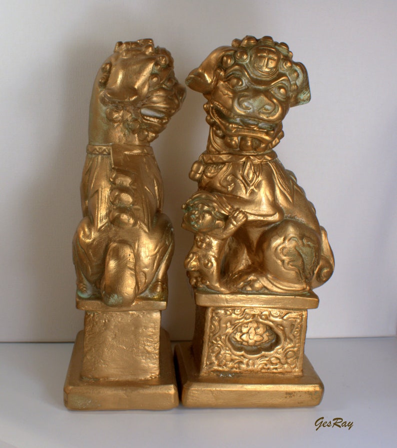2 Gold Foo Dog Bookends San Pacific Intl Chinese Imperial - Etsy