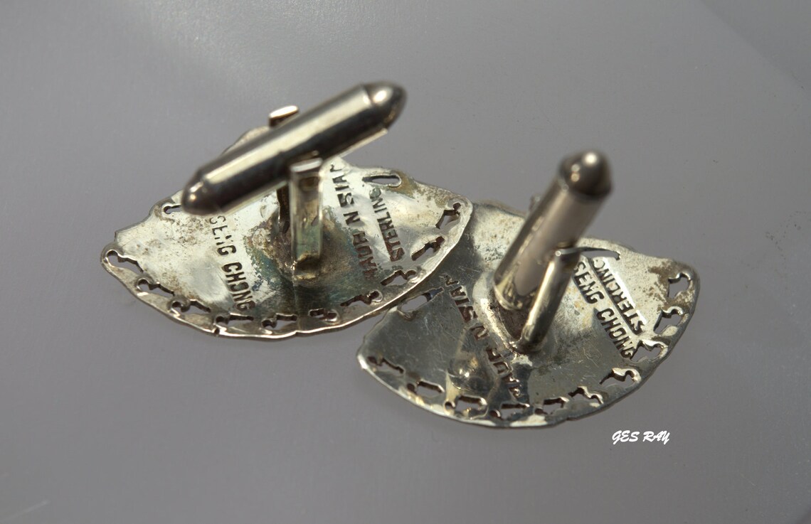 SIAM Fan Dancers Niello Signed E Seng Chong Sterling Silver CUFFLINKS ...