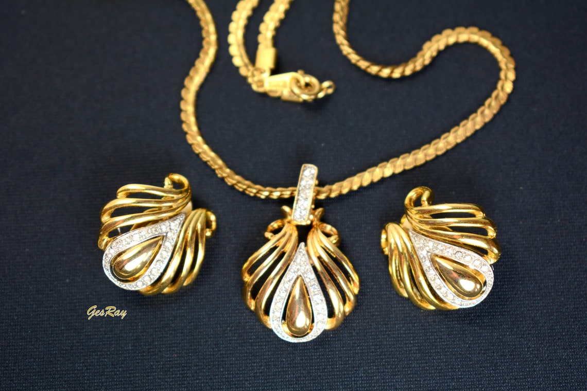 MCM Necklace and Earrings Gold Plated Pave Crystal, Bridal Vintage ...