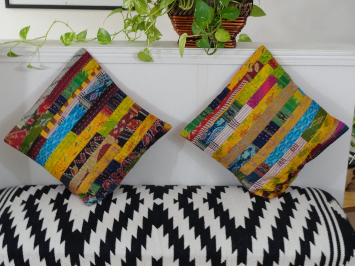Indian Cushion Covers Patchwork Silk. Sofa Throw Pillow Cover Set ...
