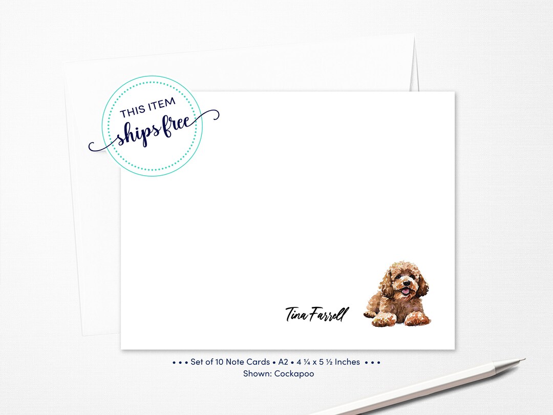 Cockapoo Dog Flat Note Cards - 4.25 X 5.5 Inches, Personalized Pet Stationary Set - Custom Name ...