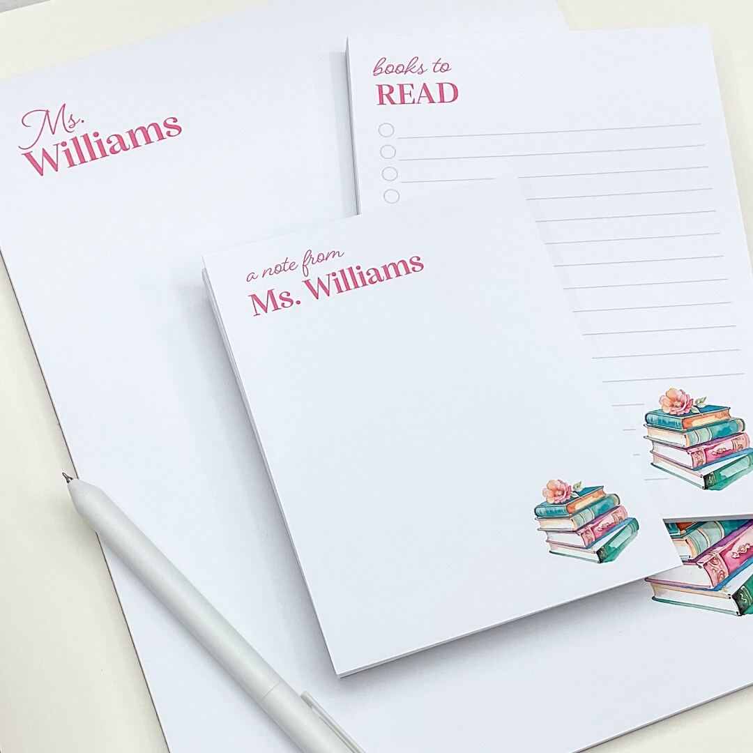 Personalized Notepad - Custom Stack of Books Watercolor Librarian ...