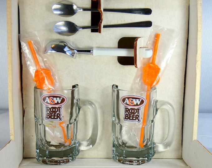 Vintage A & W Rootbeer Ice Cream Float Kit Mugs Root Bear Straws Scoop ...