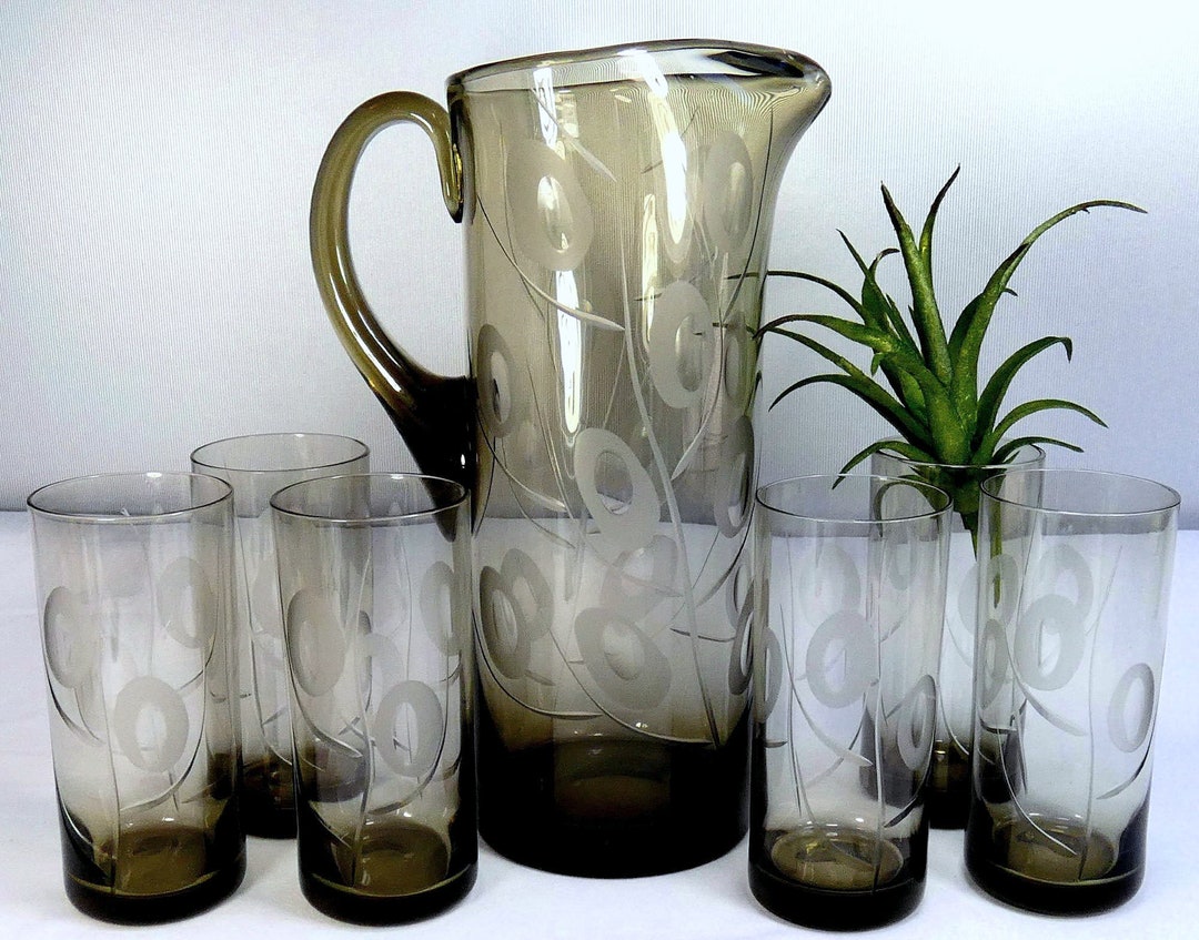 Vintage Cocktail Pitcher Glasses Set Smokey Gray Mid Century - Etsy