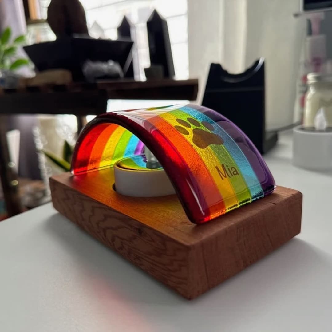 Personalized Fused Glass Rainbow Bridge Pet Memorial Solar Flickering ...