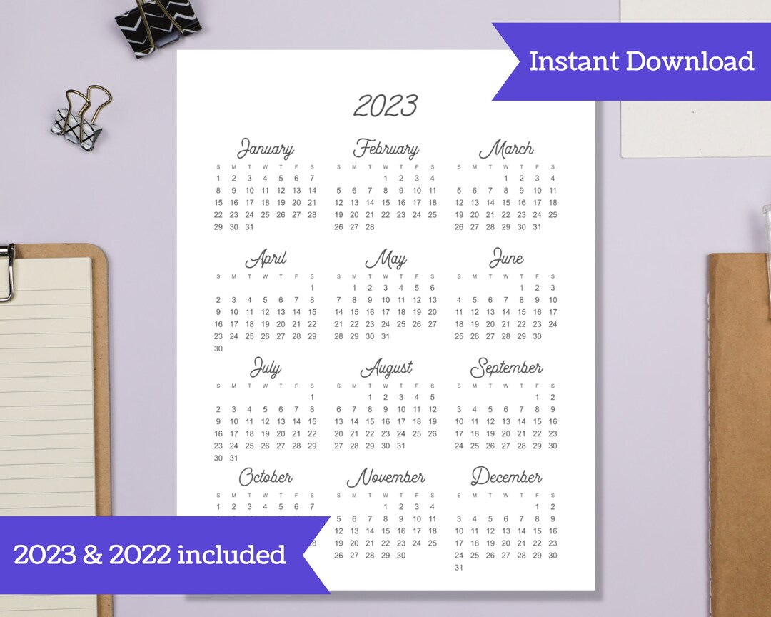 Year at a Glance Printable Calendar, 2022 & 2023, Instant Download ...