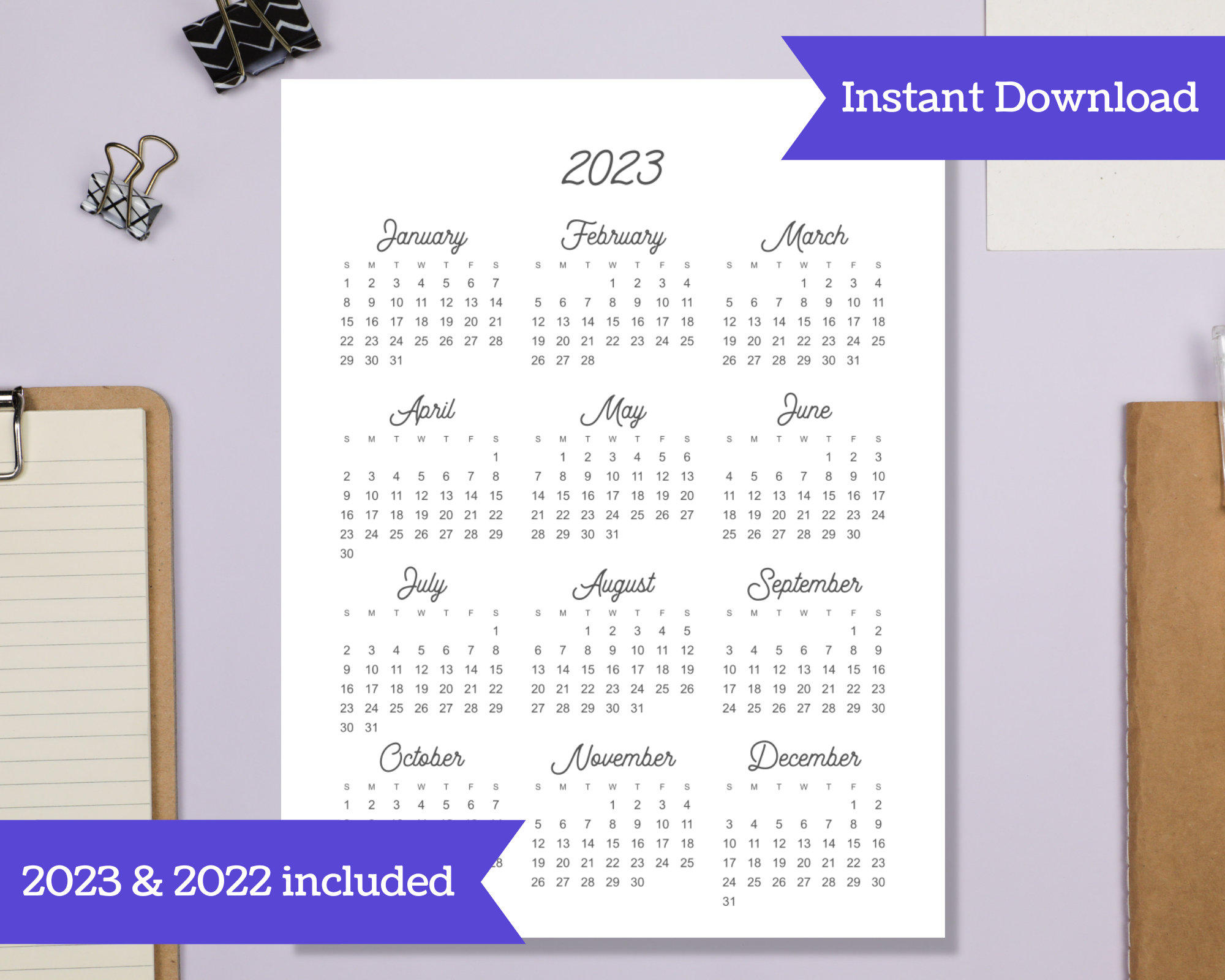 Year at a Glance Printable Calendar, 2022 & 2023, Instant Download ...