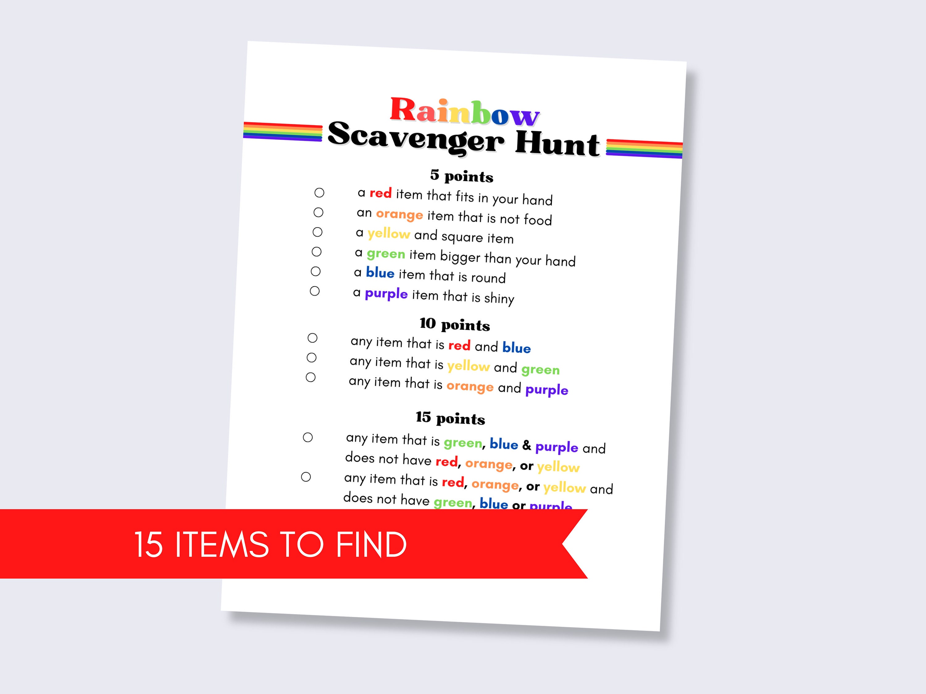 Rainbow Scavenger Hunt, Treasure Hunt for Kids, Instant Download, Print ...