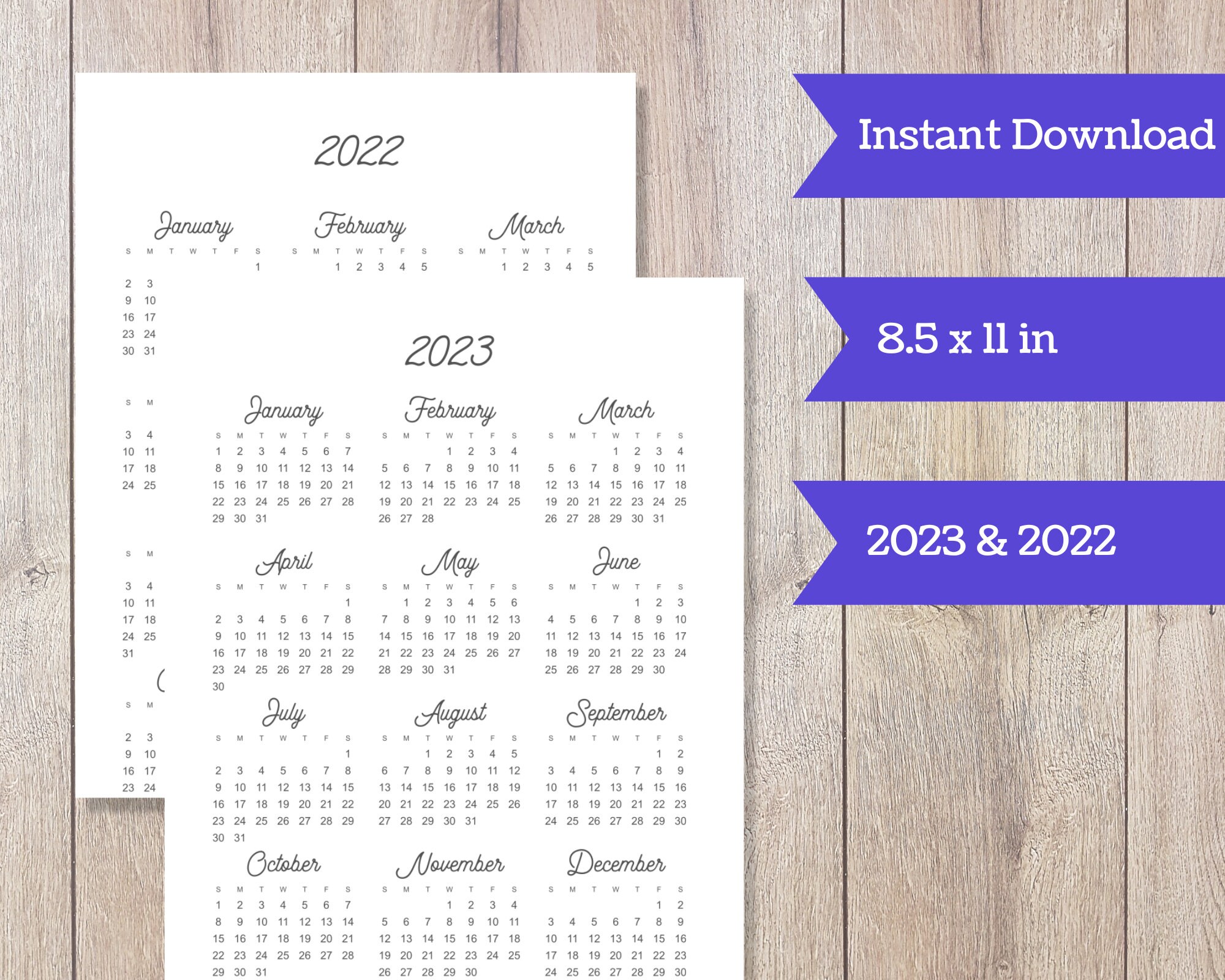 Year at a Glance Printable Calendar, 2022 & 2023, Instant Download ...