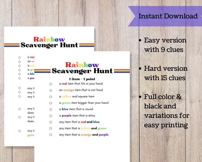 Rainbow Scavenger Hunt, Treasure Hunt for Kids, Instant Download, Print ...