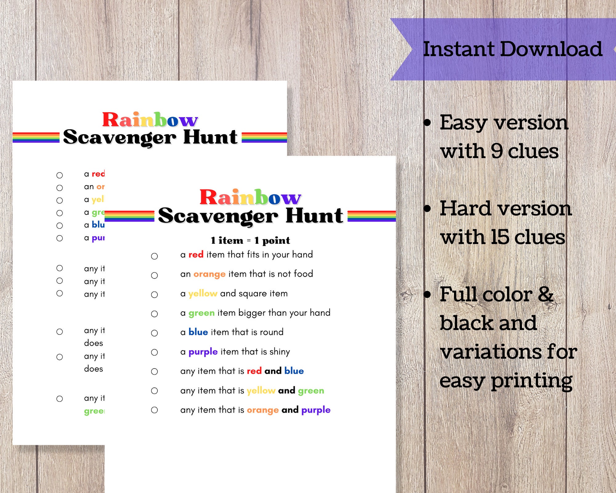 Rainbow Scavenger Hunt, Treasure Hunt for Kids, Instant Download, Print ...