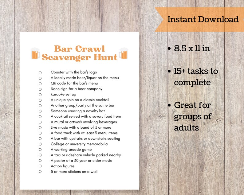 Bar Crawl Scavenger Hunt, Group Scavenger Hunt for Adults, Instant ...