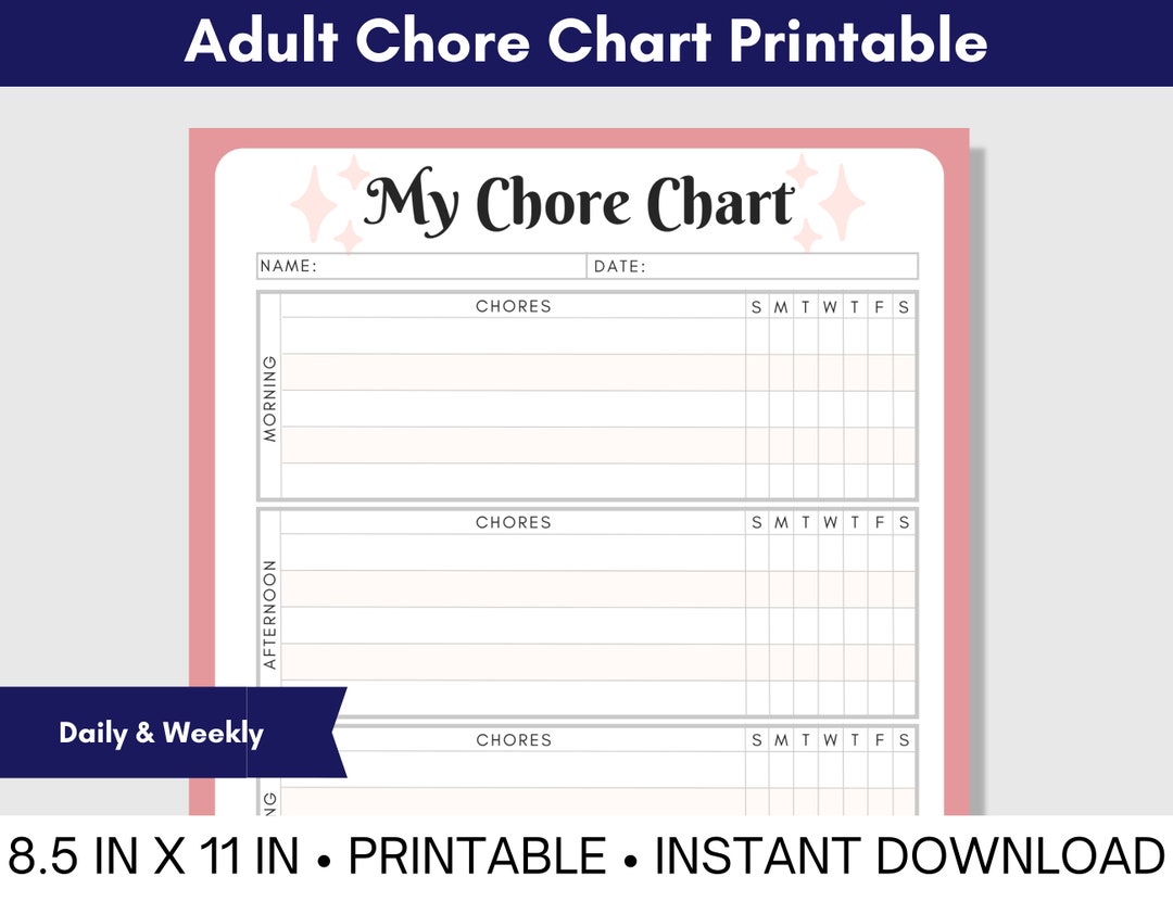 Adult Chore Chart Printable, One Page Chore Chart, Daily & Weekly Chore ...