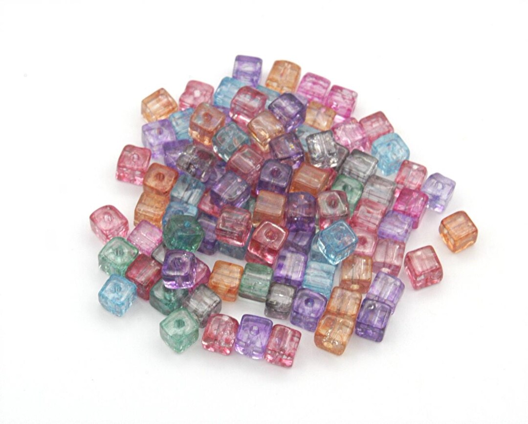 100 Pc 6mm Square Cube Crackle Glass Transparent Beads Assorted Mixed ...