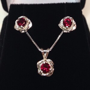 Beautiful Red Ruby Rose Sterling Silver Rose Necklace and Earrings Set ...