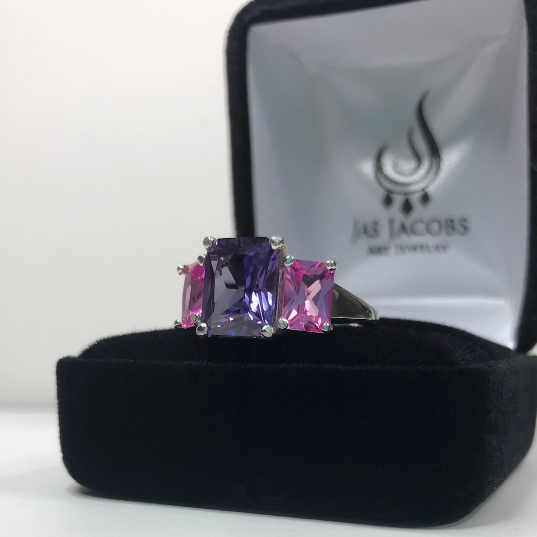 Emerald Cut Alexandrite & Pink Sapphire 10k or 14k Gold Three Stone ...