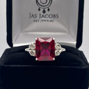 BEAUTIFUL 6ct Emerald Cut Ruby Ring White Sapphire Accents Sterling ...