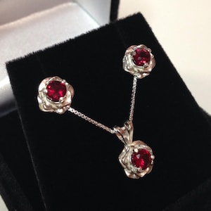 Beautiful Red Ruby Rose Sterling Silver Rose Necklace and Earrings Set ...