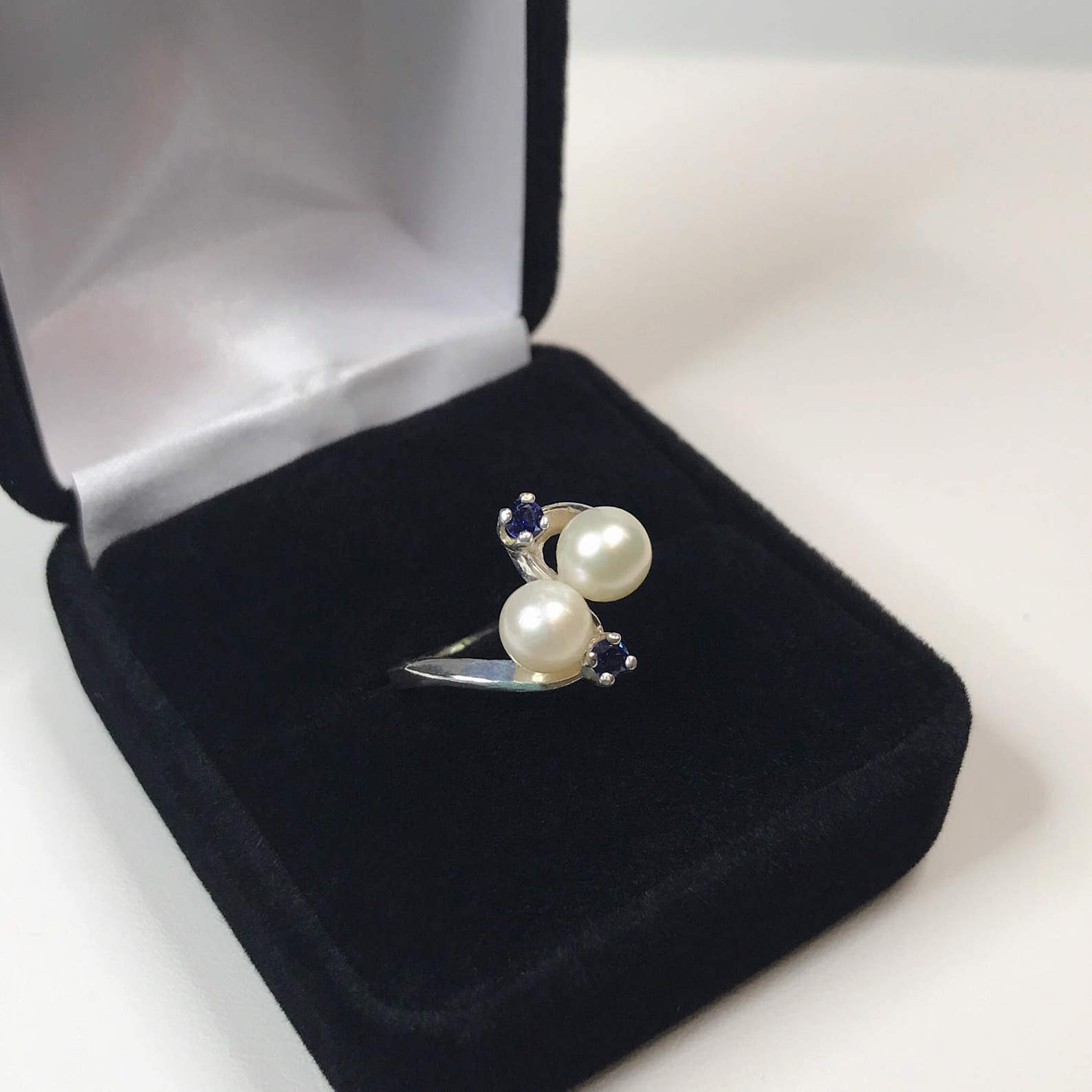 Gorgeous Twin Pearls & Sapphires Ring Sterling Silver Sz 6 7 8 - Etsy