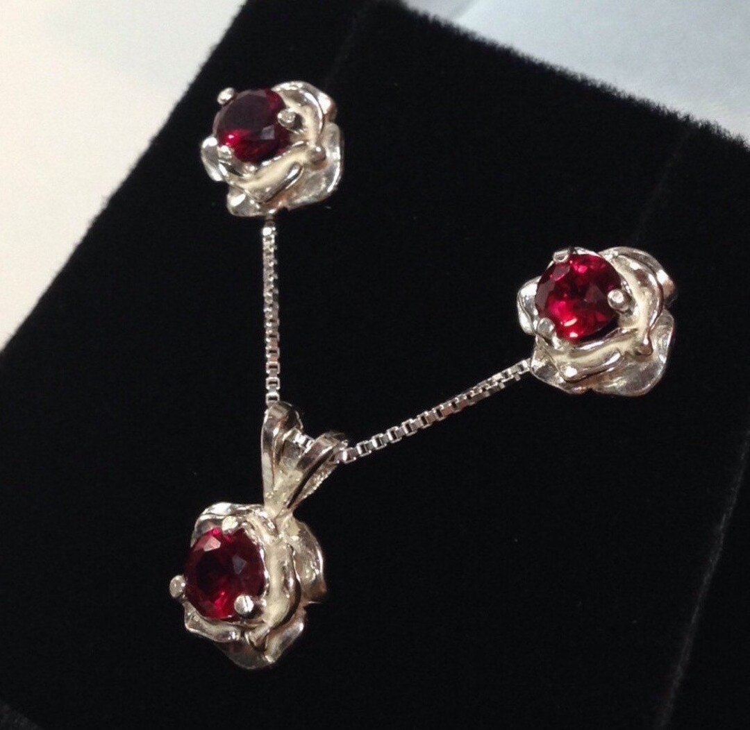 Beautiful Red Ruby Rose Sterling Silver Rose Necklace and Earrings Set ...