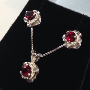 Beautiful Red Ruby Rose Sterling Silver Rose Necklace and Earrings Set ...