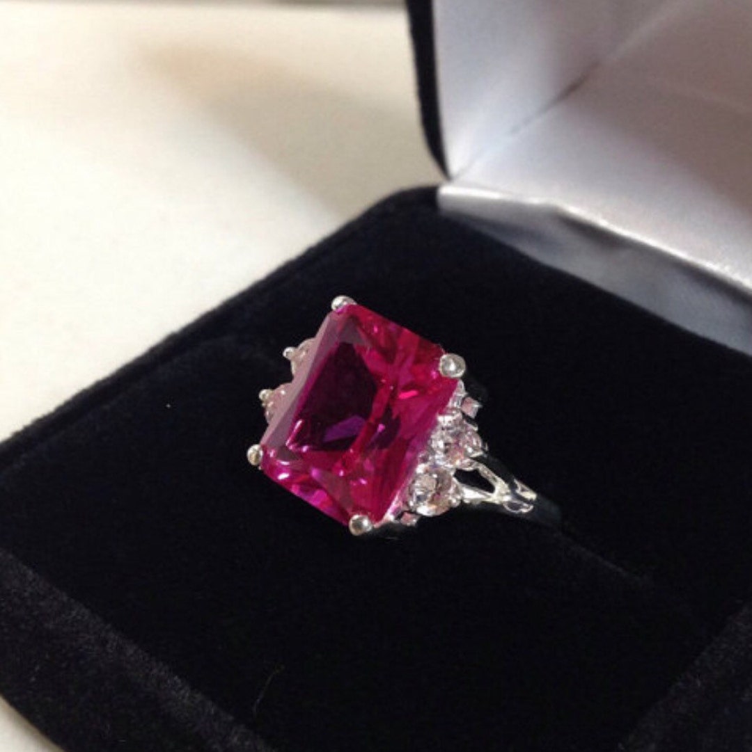 Gorgeous 6ct Emerald Cut Bright Pink Sapphire Ring With White - Etsy