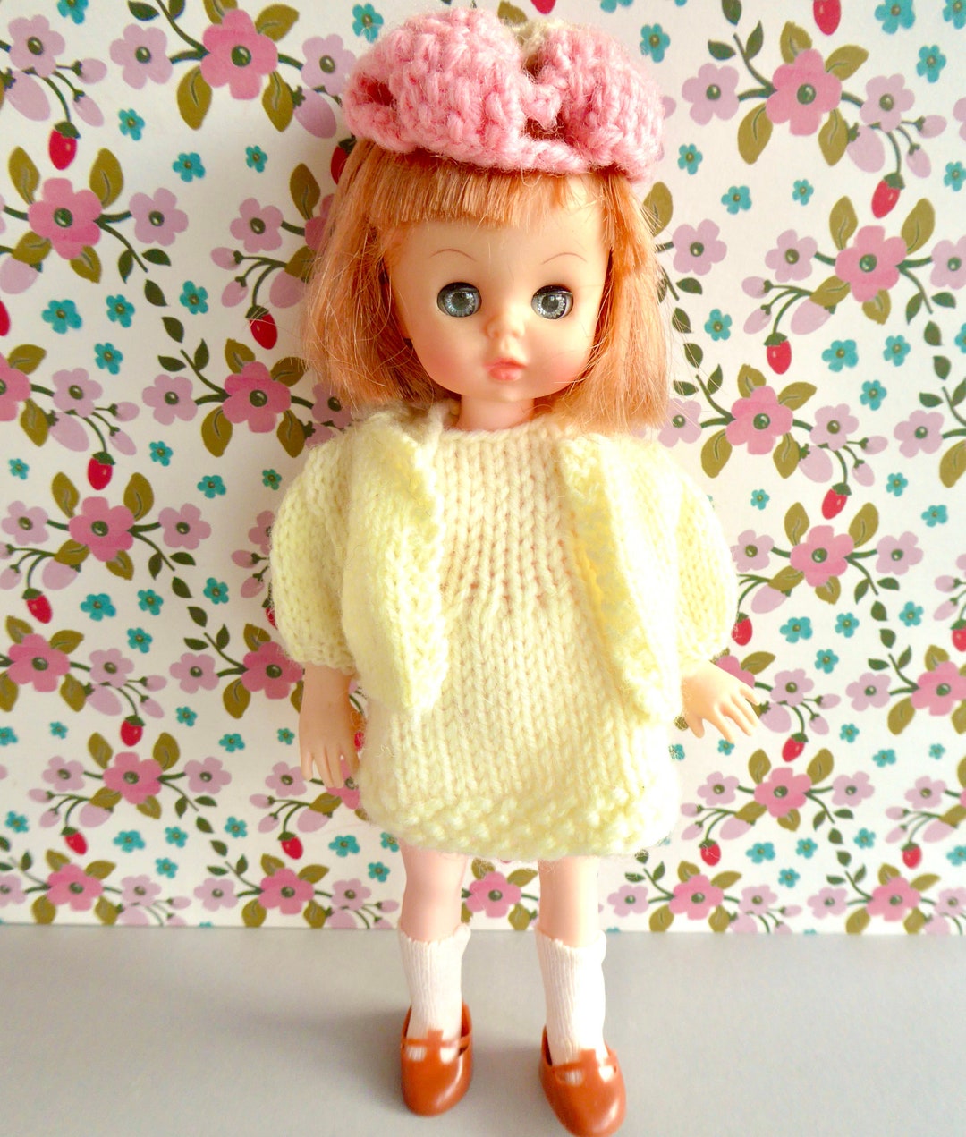 3 Piece, VINTAGE HANDKNIT OUTFIT Dress, Sweater, Hat for 7-8in/16-19cm ...