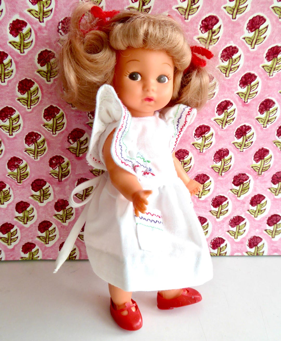 Vintage & Handmade DOLL PINAFORE DRESS, a Ruffled Delight for 7-8in/16 ...